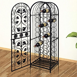 Festnight 45 Bottles Wine Rack Stand with Door Lockable Wrounght Iron Metal Freestanding Liquor Storage Display Cabinet for Living Room Kitchen Pub Bistro Bar Black 1' 6" x 1' 2" x 4' 5" (W x D x H)