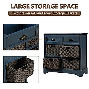 Harper & Bright Designs Accent Storage Cabinet, Rustic Storage Cabinet with 2 Drawers and 4 Classic Fabric Basket for Kitchen/Dining Room/Entryway/Living Room, Antique Navy