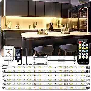 TJOY Under Cabinet Lighting Kit 20FT, 6PCS Dimmable 2700k-6500k Warm White to Daylight Bright LED Strip Light Bars, Touch and RF Remote Control, for Kitchen Cabinet, Counter, Shelf, Bookcase, 2000LM
