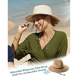 FURTALK Womens Summer Straw Sun Hats Wide Brim Panama Fedora Beach Hat with Wind Lanyard UPF 80+ Beige