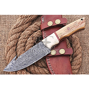 HUNTEX Handmade Hand-Forged Rain Drop Pattern Damascus Steel 9.5 Inch Long Full Tang Olive Wood Handle Razor Sharp Hunting Camping Gut Hook Knife w/Genuine Leather Pouch