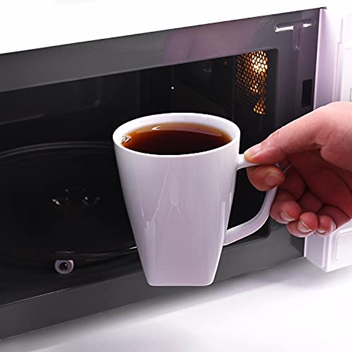 Miicol Porcelain Coffee Mugs Set, White Ceramic Cups for Tea, Milk, Cocoa, Square Bottom, 14 Ounces, Dishwasher & Microwave Safe, Set of 6