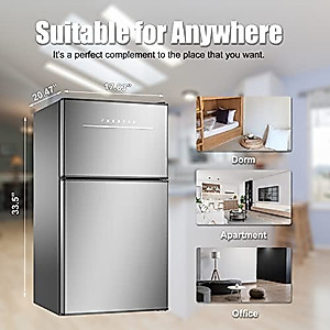 Frestec Mini Fridge with Frezzer,3.2 Cu.Ft Mini Fridge for Bedroom,Small Refrigerators,2 Door Compact Refrigerator 37dB Quiet,7-Settings Mechanical Thermostat,LED Lights for Dorm, Office, Apartment (Stainless Steel)