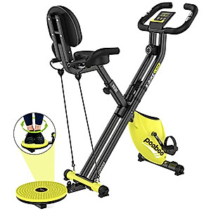 pooboo Foldable Exercise Bike Magnetic Indoor Cycling Bikes 3 in 1 Stationary Bikes Indoor Fitness Bicycles with Resistance Bands and Twist Board