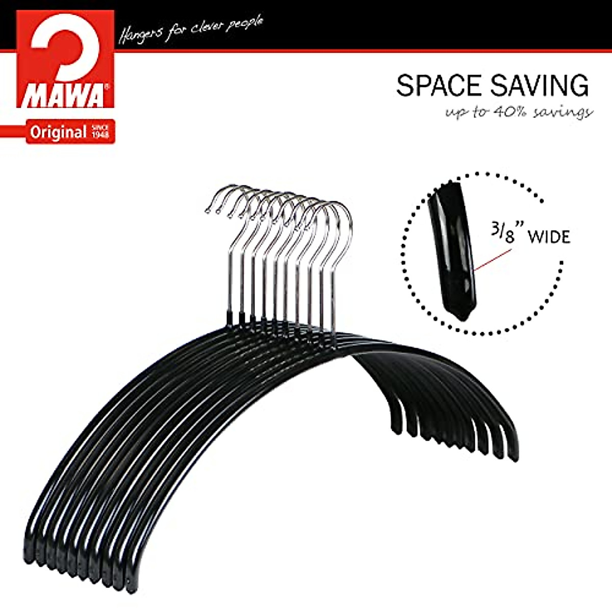 MAWA Euro Series Non-Slip Space Saving Clothes Hanger, Set of 10, Black Style 40/P, Pack of 10 (14118)
