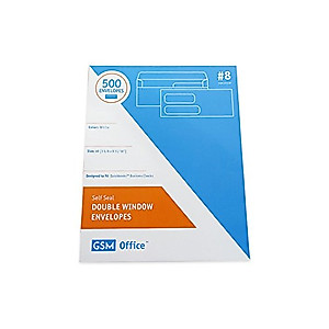Self Seal Double Window Security Envelopes (#8 - Box of 500), for Quickbooks Checks (3 5/8" x 8 11/16")