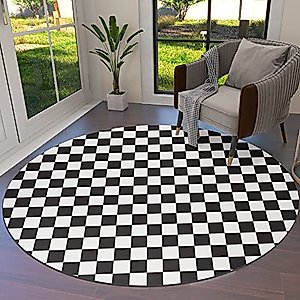 Olivefox Round Area Rugs Modern Black and White Checkered Lattice Pattern Super Soft Indoor Stain-Proof Carpet Floor Mat Anti-Skid Runner Rugs for Home Living Room, Bedroom, Dining Room, 5 Feet