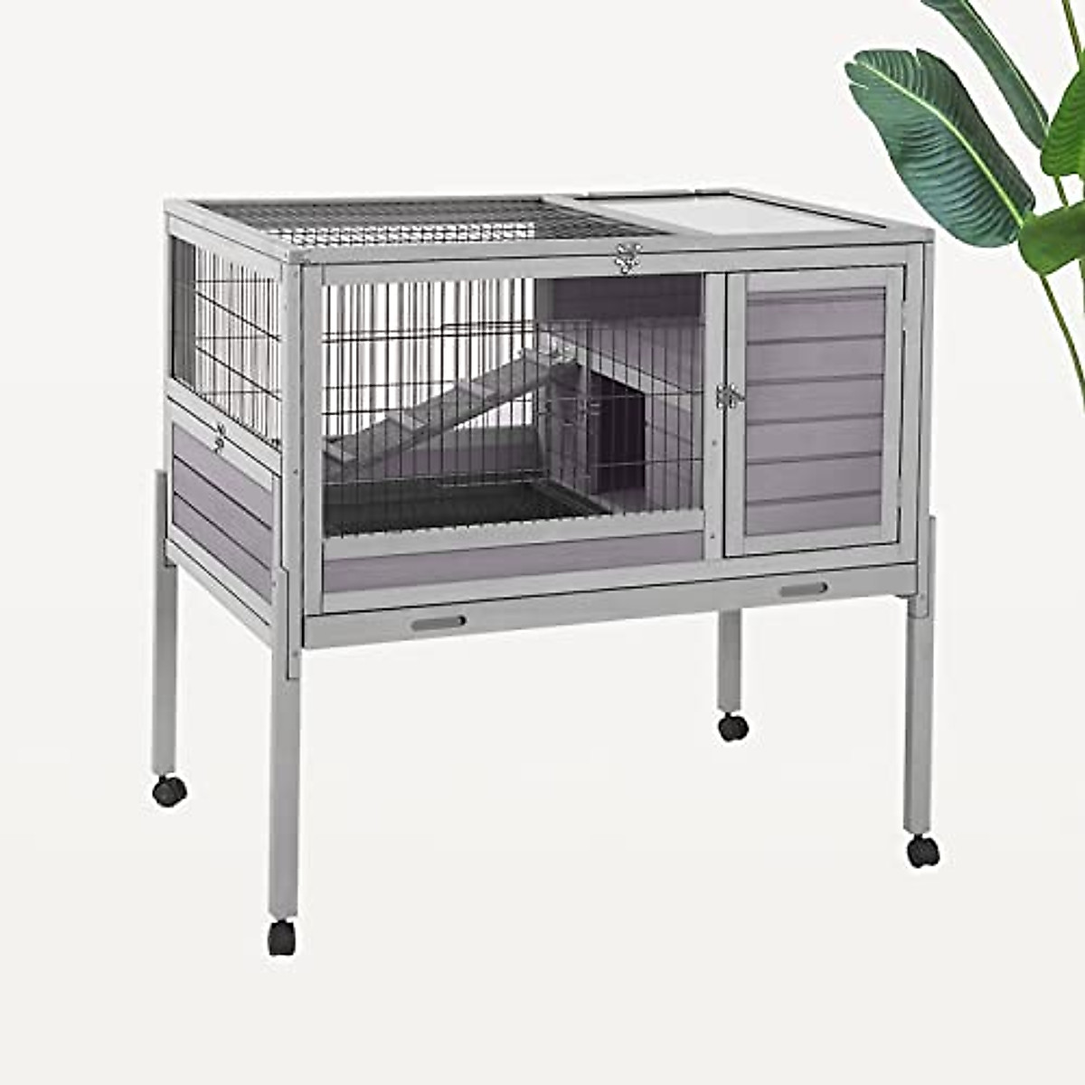 MEDEHOO Rabbit Hutch with Wheels Indoor Outdoor Guinea Pig Cage with 3 Access Doors, Pull-Out Tray, Removable Wire Mesh and UV Proof Panel(39.7 Inch)