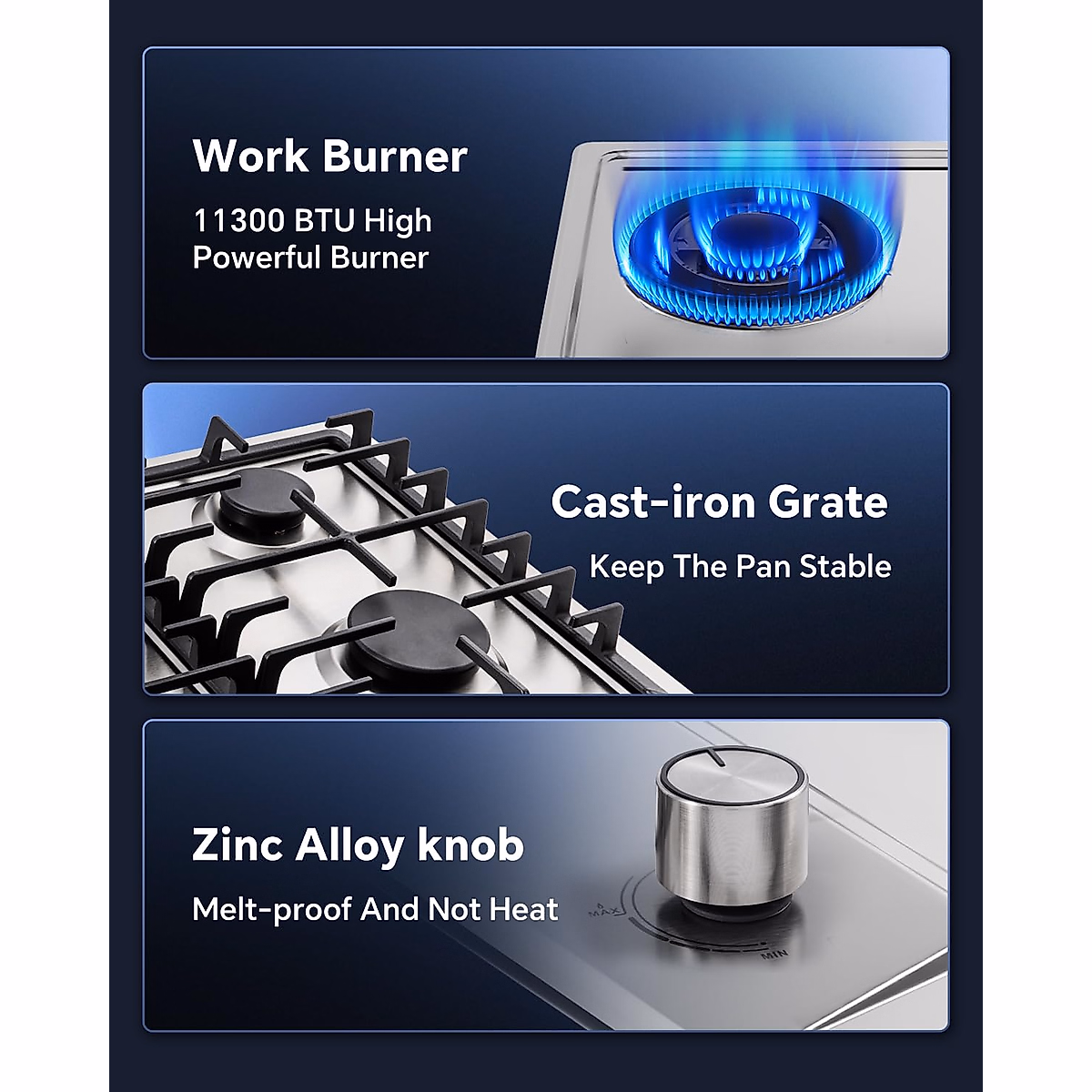 Ranein 2-Burner Gas Cooktop, 12-Inch Gas Stove Top Compatible with Thermocouple Protection, Built-in Gas Stove, 304 Stainless Steel Panel, Compatible with NG&LPG for Apartment and Indoor