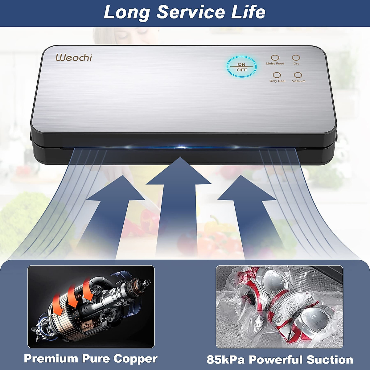 Weochi Vacuum Sealer Machine, 85Kpa Food Sealer with Built-in Cutter and Bag Storage(Up to 20 Feet Length), Dry & Moist Food Modes, Touch Control Panel, LED Indicator Lights, Compact Design, Silver