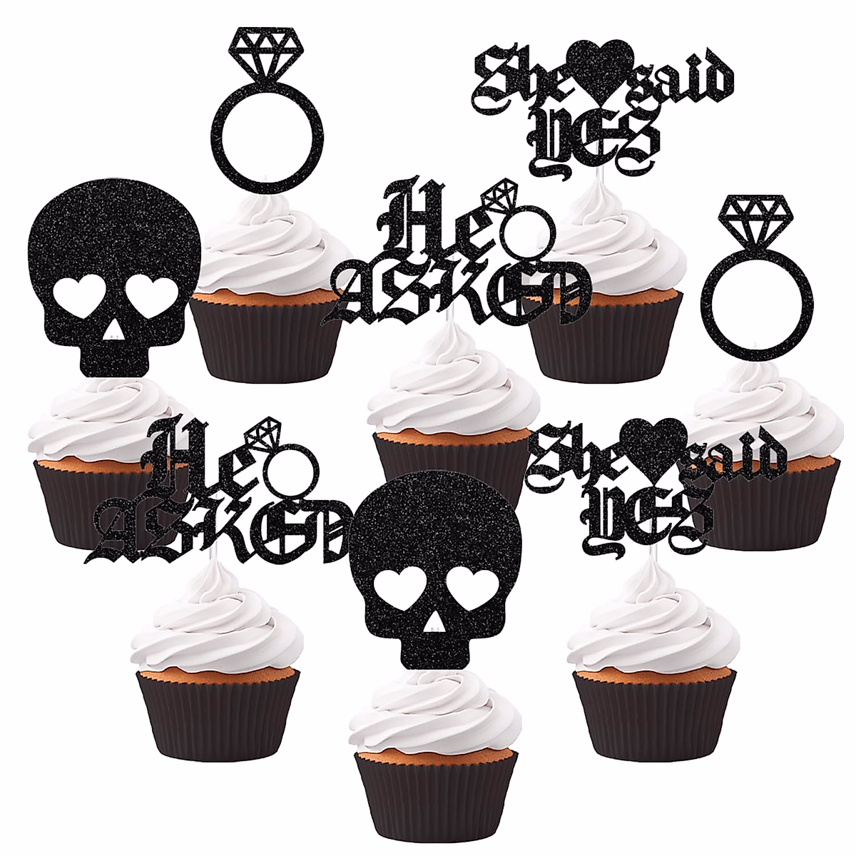 24Pcs Gothic Engagement Cupcake Toppers He Asked She Said Yes Cupcake Toppers Black Glitter Heart Ring Bachelorette Cake Decorations for Halloween Wedding Engagement Bridal Shower Party Supplies