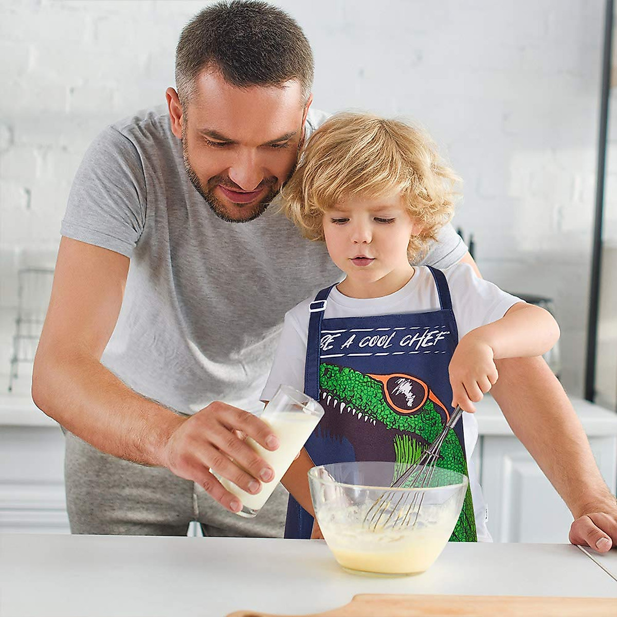 MHJY Kids Apron and Chef Hat for Boys Dinosaur Child Aprons with Pockets,Adjustable Child Apron for Cooking Baking Painting,Dark Blue,Small (3-7 Years)