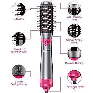 Brightup Hair Dryer Brush & Volumizer with Negative Ionic Technology, Detachable & Interchangeable Brush Head, Hot Air Brush for Curling, Straightening & Styling, Heat Protective Glove Included