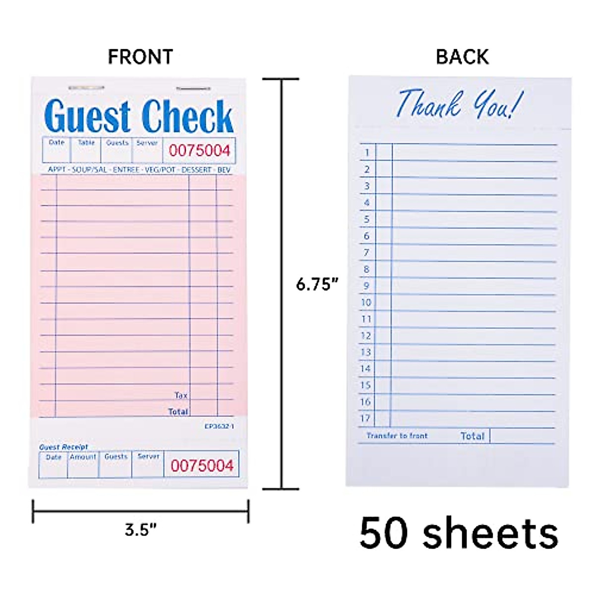 DGBDPACK Guest Check Pads EP-3632-1 (10 Pads), Total 500 Pink Waitress Notepad, Server Order Pads