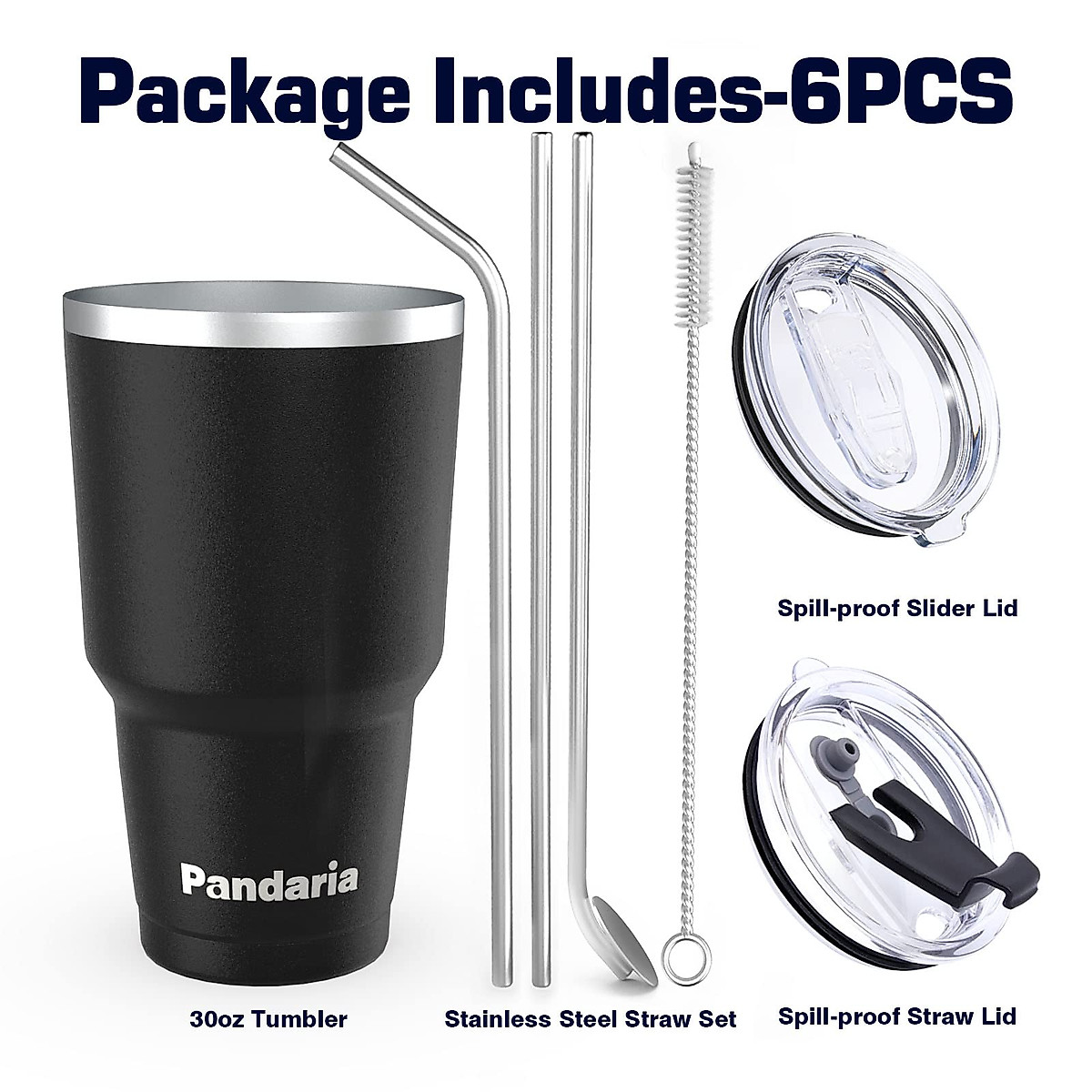Pandaria 30 oz Mens Travel Coffee Tumbler Cups, Double Wall Stainless Steel Reusable Spill Proof Tumbler with Straw, Leak Proof Insulated Tumbler with Straw for Iced Coffee, Tea & Water (Black)