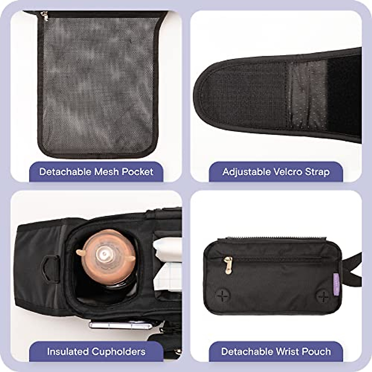 RUVALINO Universal Stroller Organizer with Cup Holders Stroller Caddy with Detachable Bag, Tissue Pocket, Non-Slip Strap Accessories for Uppababy, Umbrella, Wagon, Baby Jogger, Bob, and Pet Stroller