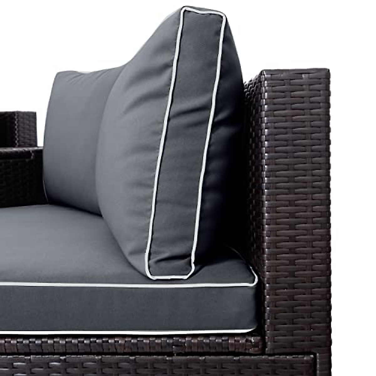 DHPM Patio Sectional 6-Piece Half-Moon Curved Outdoor Sofa, PE Wicker Conversation Furniture Set w Storage Side Umbrella and One Round Table, Brown+Gray