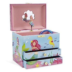 Jewelkeeper Mermaid Musical Jewelry Box for Girls with Two Pullout Drawers, Underwater Design, Plays Over The Waves Tune, Durable Pine Fiberboard, Suitable Gift for Kids Jewelry Storage