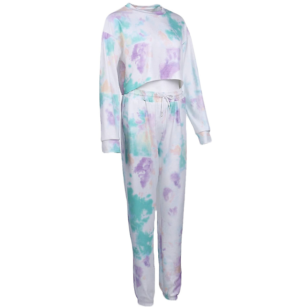 WephuPSho Women's 2 Piece Tracksuits Outfit Set Tie Dye Round Neck Long Sleeve Crop Top+ Trousers Casual Fall Clothes Sports Sweatsuit (Light green, S)