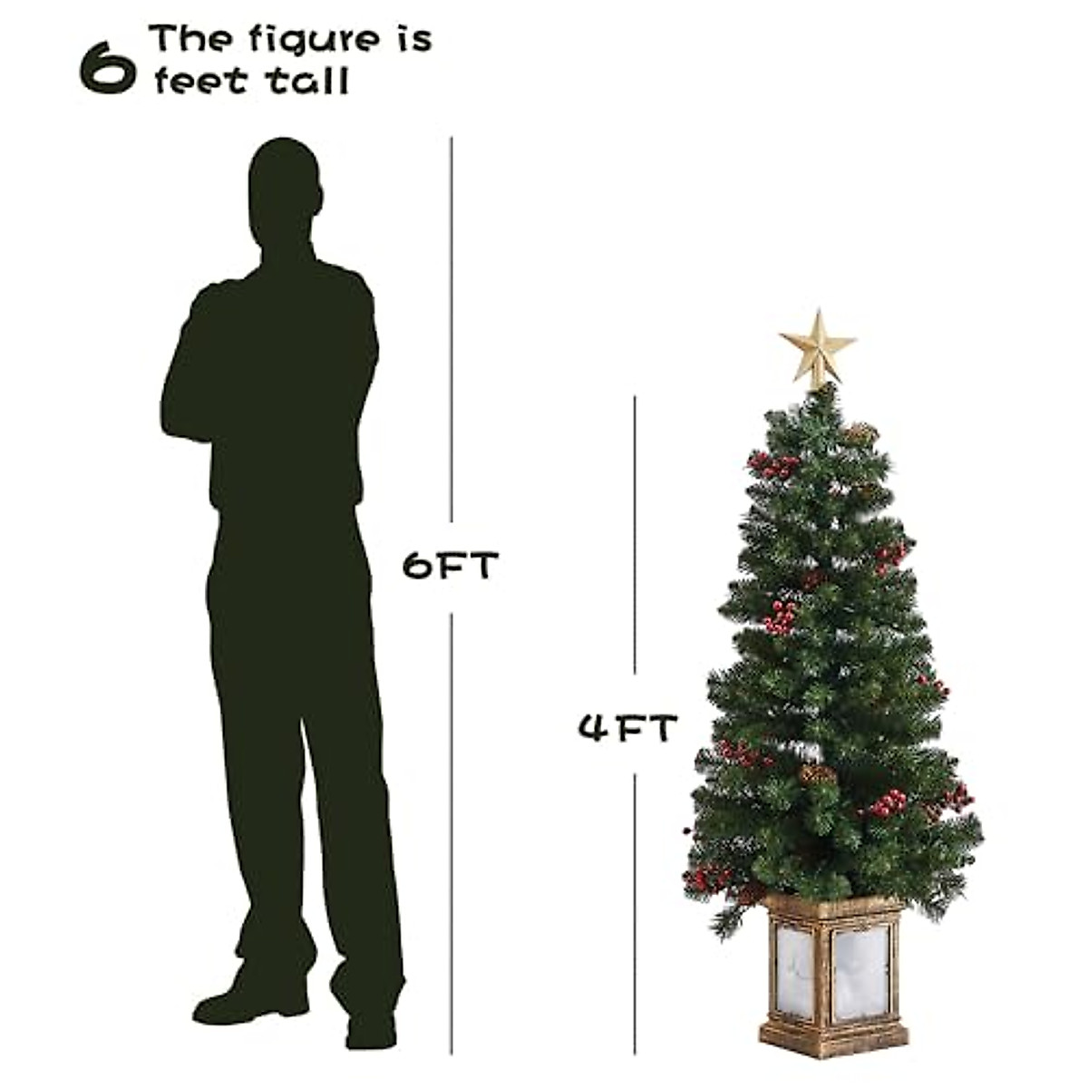 Premium 4ft Pre Lit Artificial Pencil Christmas Tree with Brown Hollow Base, Mini Pre-lit Xmas Pine Tree with 7 Modes LED Lights for Christmas Decoration, Home, Office, Party Decoration (1)