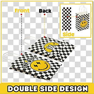 WCOSAM Two Cool Dude Smile-Themed Party Favor Gift Bags, Two Cool Second Birthday Party Goodie Paper Bags for Yellow Black Lightening Checkered Theme Party Decor (16 PCS)