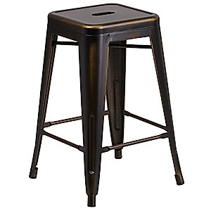 EMMA + OLIVER Commercial Grade 24" H Backless Distressed Copper Metal Indoor-Outdoor Stool