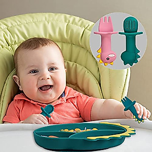 NICINGU Silicone Toddler Plates,Suction Plates for Baby with Spoon and Fork Set Kids Divided Grip Dish Self Feeding Training Baby Dinner Plate Microwave Dishwasher Safe-Blue Dinosaurs
