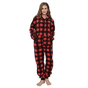 dressfan Unisex Buffalo Plaid Pajamas Hooded Onesie Thermal Jumpsuit Christmas PJS Set for Family Couples Women Men Zipper Red Black M