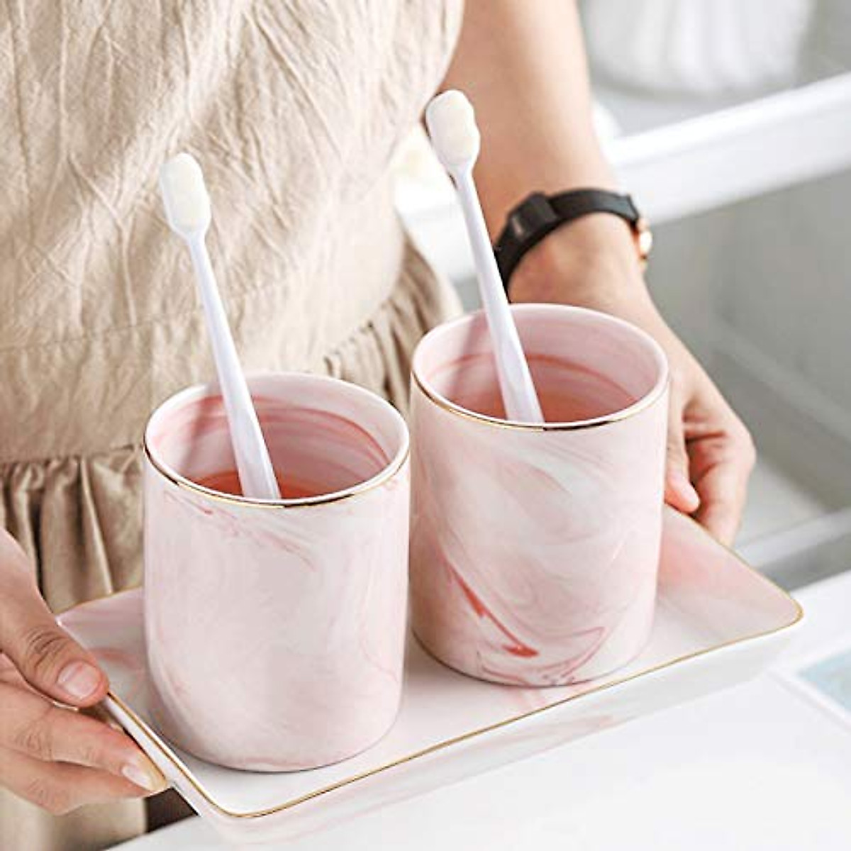 Cabilock 2PCS Bathroom Vanity Tray Marble Pattern Ceramic Toothbrush Holder Countertop Storage Organizer Decorative Jewelry Display Tray (Pink)