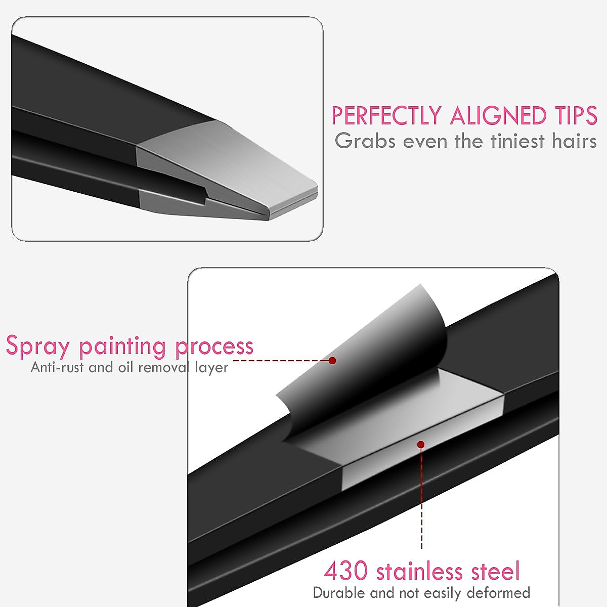 KINGMAS 5 Pcs Eyebrow Tweezers Set, Stainless Steel Brow Tweezer Scissors Set with Travel Case for Brow Facial/Ingrown Hair, Splinter (Black)