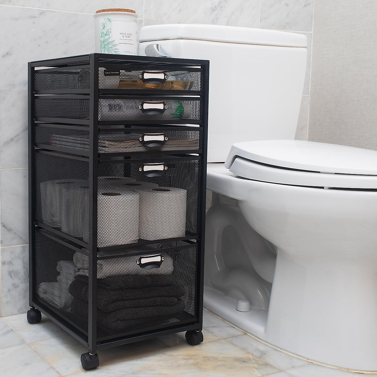 MIND READER Rolling File Cabinet with Drawers [5 Drawers] Craft Cart Organizer with Wheels, Slim Storage for Makeup, Kitchen, Utilities, Office Supplies, and Tools (BLACK MESH)