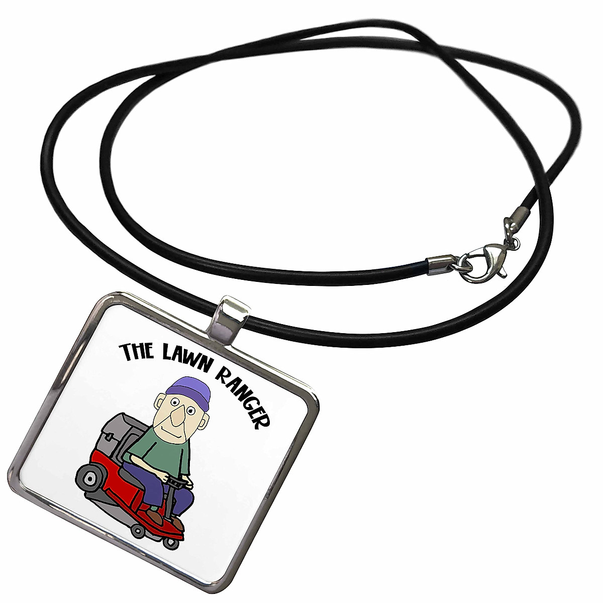 3dRose Necklace With Rectangle Pendant - Funny Cute Old Man on Riding Lawn Mower the Lawn Ranger Mowing Pun Sports and Hobbies