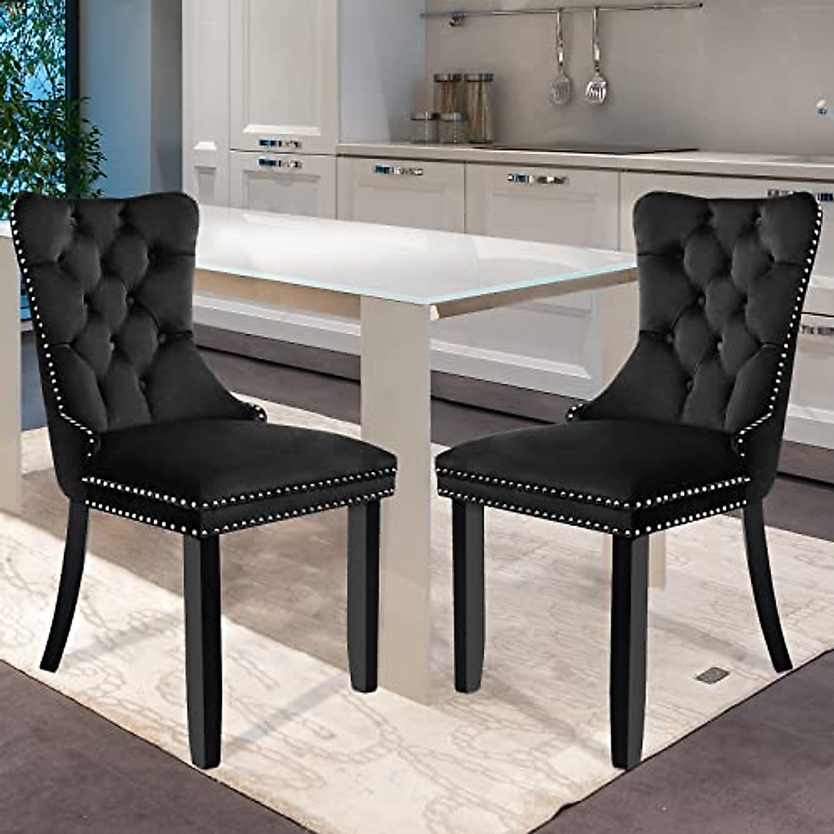 Wonder Comfort Velvet Upholstered with Nailhead Back and Ring Pull Trim Solid Wood Dining Chairs Set of 2, 19.724.437.4, Black
