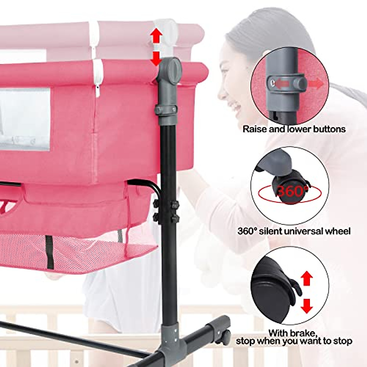RICUTON Bassinet Bedside Sleeper, 3 in 1 Bedside Bassinet for Baby with Mosquito Nets and Wheels, Large Storage Bag, Heigt Adjustable, Easy Assemble