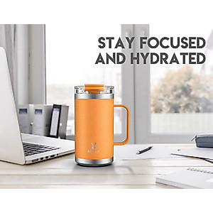 Meoky 14oz Insulated Coffee Mug with Lid and Handle, 100% Leak Proof Stainless Steel Coffee Cup with Tritan Lid, Double Wall Vacuum Coffee Tumbler with Handle (Peach)