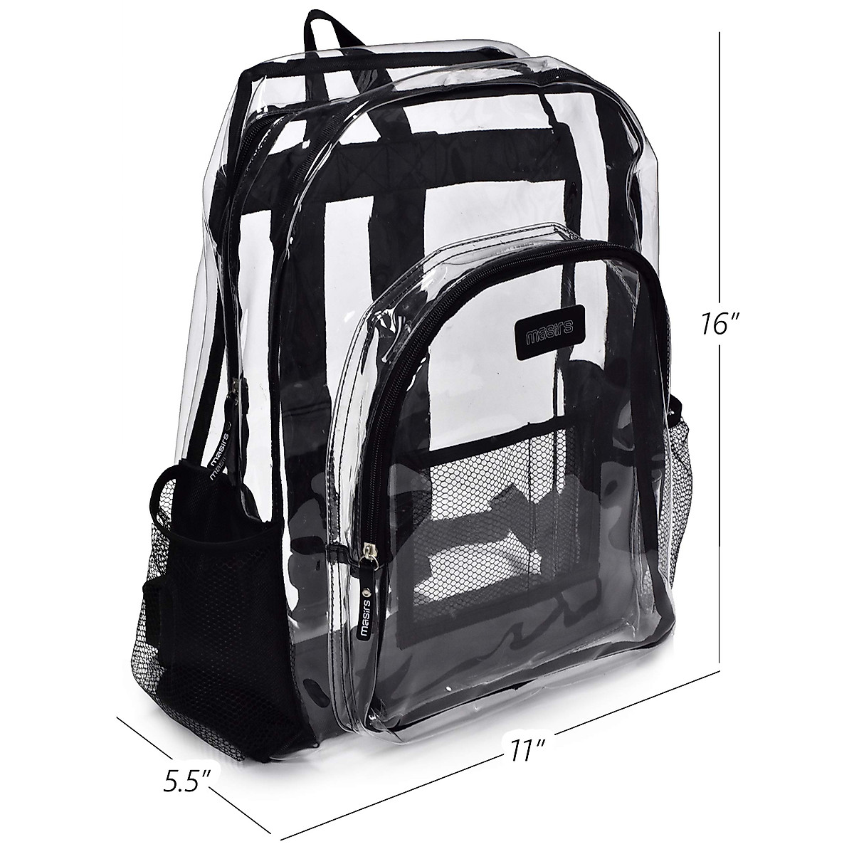 Masirs Heavy Duty Clear Backpack, Stadium Approved Transparent Design, Quick Access at Security Checkpoints, Adjustable Shoulder Straps, Dual Zippered Compartments & Mesh Side Pockets, (16"H x 11"W)