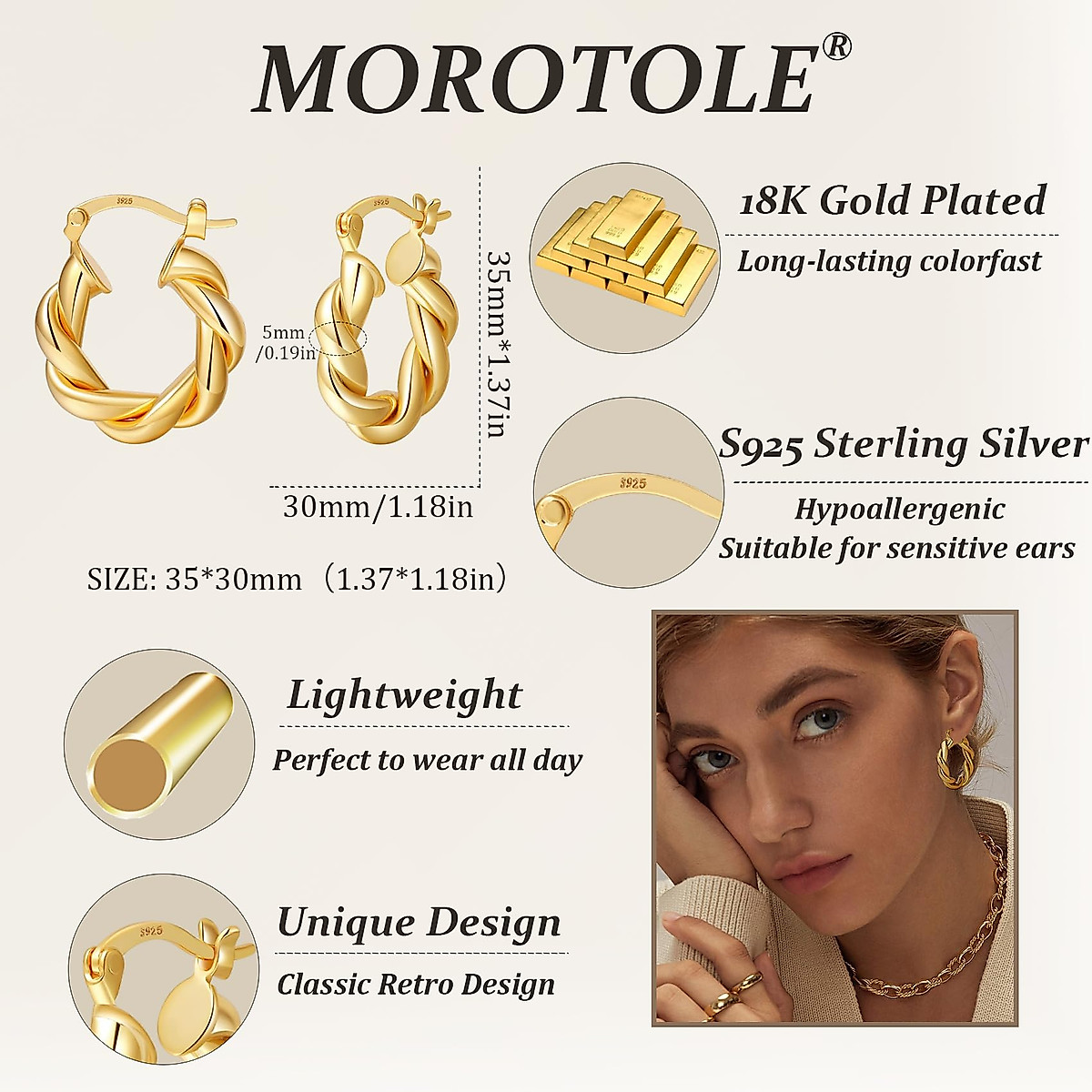 Twisted Gold Hoop Earrings for Women, Thick Chunky Hoops Hypoallergenic Vintage Twist Earings Big