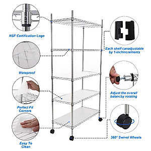 QYISIUY 5 Tier Shelf Wire Shelving Unit, NSF Heavy Duty Wire Shelf Metal Large Storage Shelves Height Adjustable Utility for Garage Kitchen Office Commercial Shelving Steel Layer Shelf - Chrome