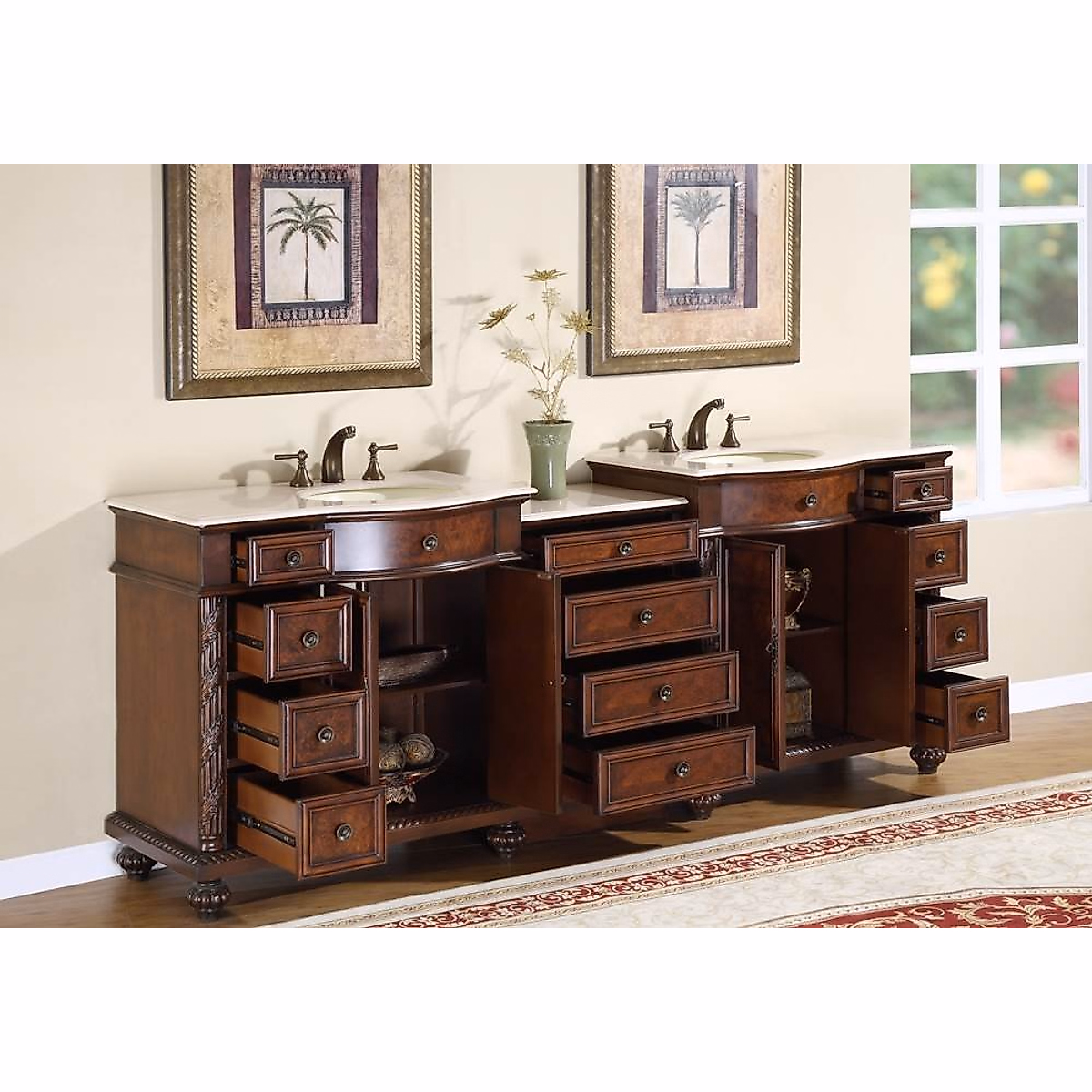 Silkroad Exclusive HYP-0213-CM-UIC-90 Double Sink Bathroom Vanity with English Chestnut Finish Bath Cabinet, 90.25", Medium Wood