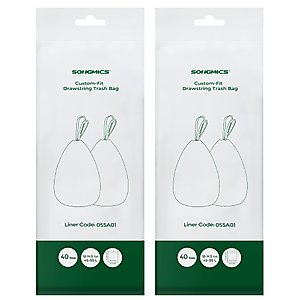SONGMICS Trash Bags for 12-14.5 Gallon (45-55L) Trash Cans,80 Count Drawstring Kitchen Garbage Bags, Pre-Separated, Liner Code 055A01, 2 Rolls,White UKRB055A02