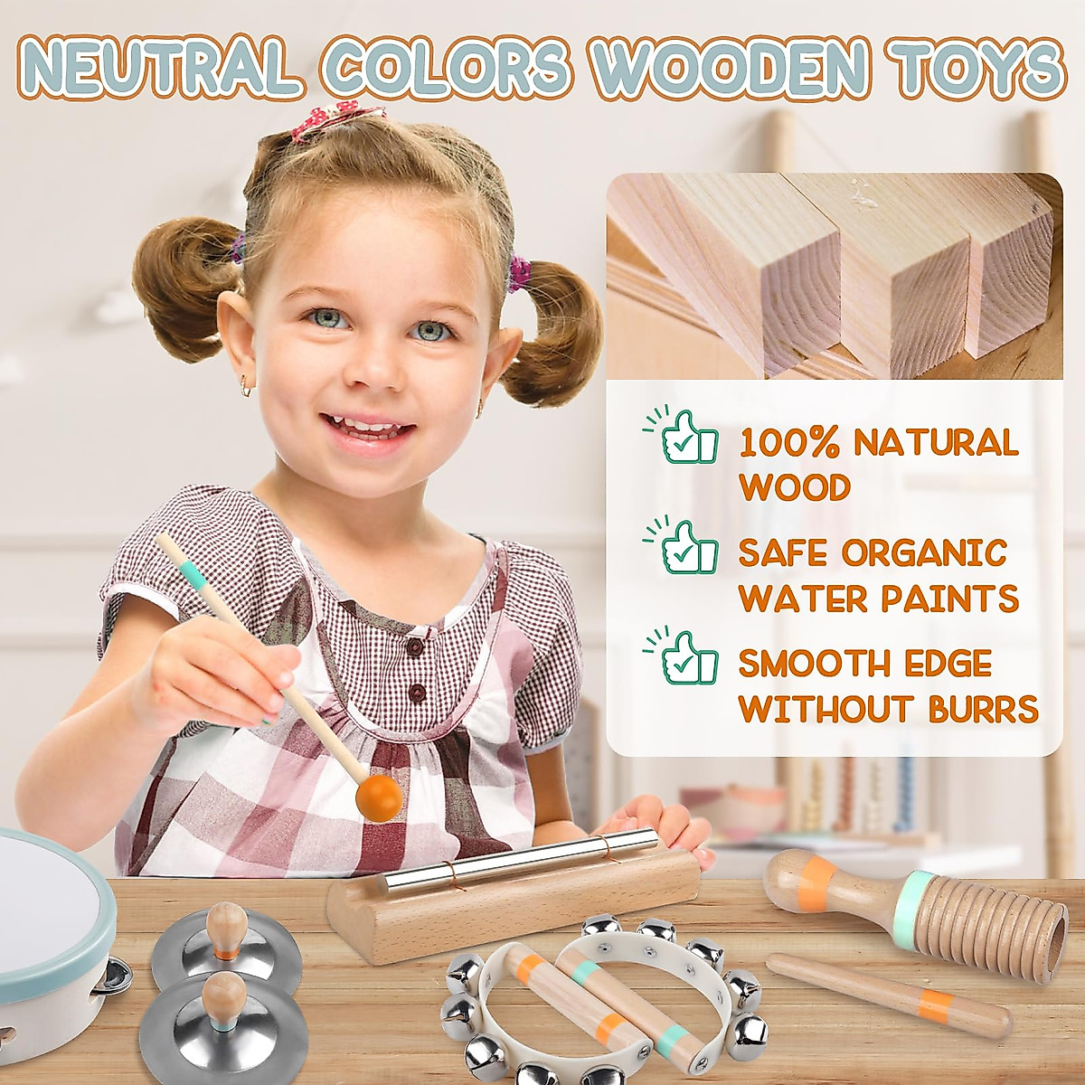 Baby Musical Instruments - Montessori Musical Toys for Toddlers 1-3, Wooden Percussion Instruments Set, Neutral Colors Modern Boho Music Toys for 1 Year Old, Kids Preschool Educational Birthday Gifts