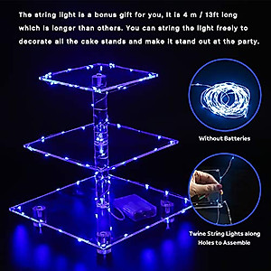 YestBuy 3 Tier Square Cupcake Stand - Premium Cupcake Holder - Acrylic Cupcake Tower Display - Cady Bar Party Décor + LED Light String - Ideal for Weddings, Birthday Parties(Blue Light)