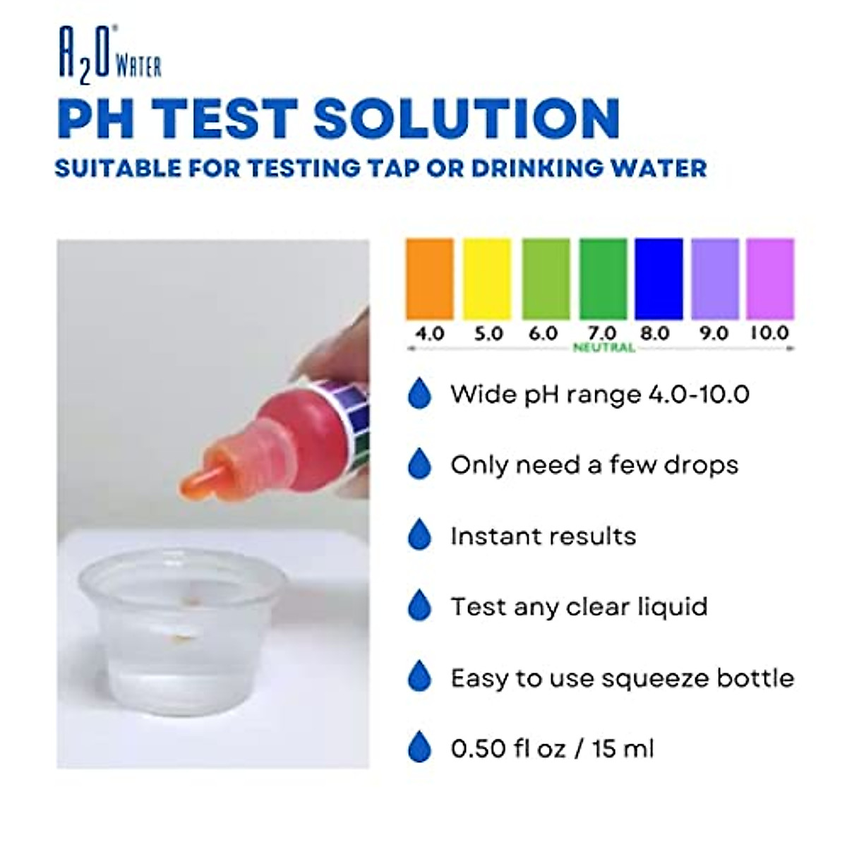 A2O Water - Made in USA, Water pH Test Liquid (WHT/100-125 Tests)