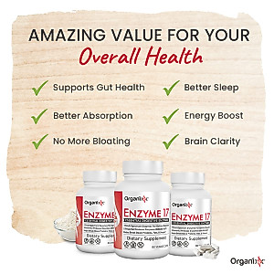 Organixx Enzyme 17 Essential Digestive Enzymes, for Optimal Digestion & Gut Health, Support for Bloating, Gas, Nutrient Absorption & Immunity, Non GMO, Vegan, 80 Veggie Capsules