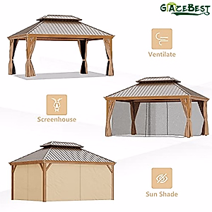 GAZEBEST 12'x16' Hardtop Gazebo Outdoor Aluminum Patio Gazebo Double Roof Galvanized Steel Gazebo Canopy Wooden Finish Coated with Netting and Curtains for Garden, Patio, Backyard, Deck and Lawns