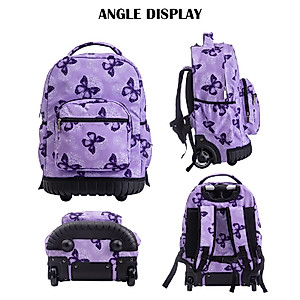 SKYMOVE 18 inches Wheeled Rolling Backpack Multi-Compartment Elementary Books Laptop Roller Bag Short Trip Carry-on for Women and Girls, Purple Butterfly