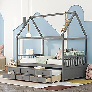BIADNBZ Full Size House Bed Frame with Trundle, Storage Drawers and Roof for Kids Girls Boys Bedroom, Gray