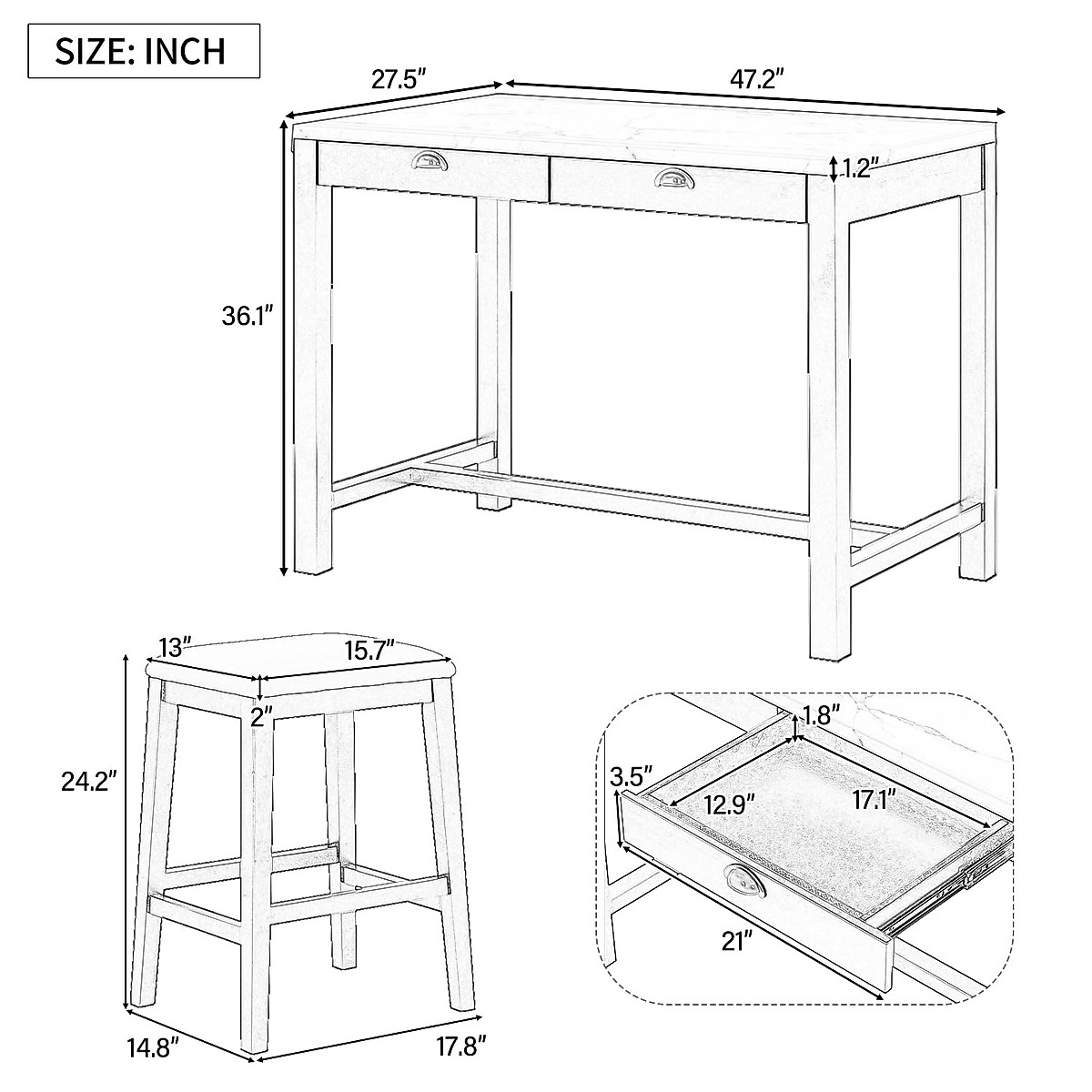 Bellemave 3-Piece Modern Console Table Set with Bar Table, 2 Stools, Storage Drawers, Faux Marble Top for Kitchen, Dining Room (Black)