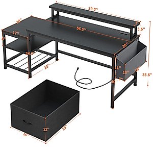 EnHomee 56.5" Computer Desk with Power Outlets,Home Office Desk with Fabric File Cabinet,Study Writing Gaming Desk with Monitor Shelf,Work Table with Printer Space,Black