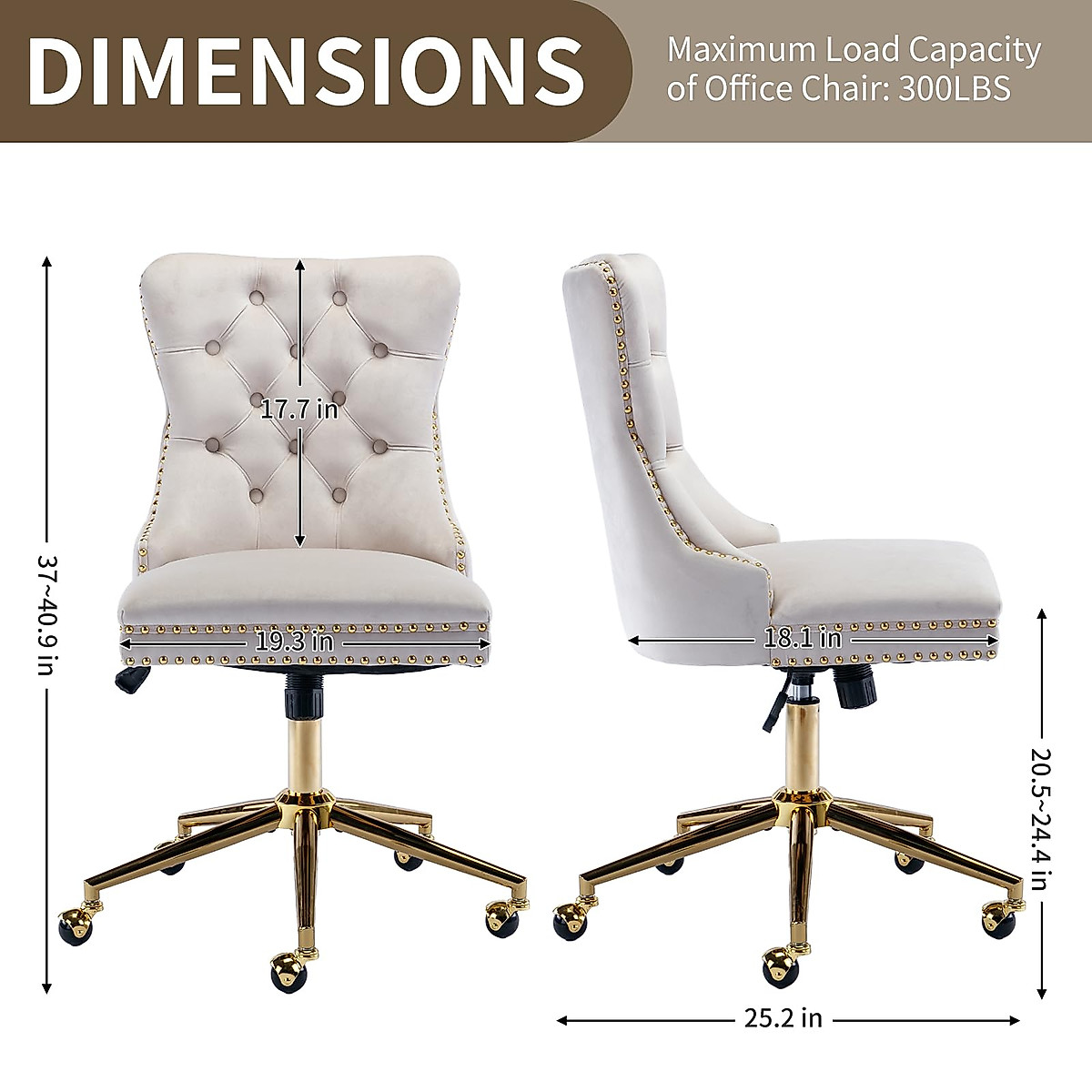Beige Velvet Home Office Desk Chair with Wheels & Gold Base, Cute Makeup Vanity Chair with Tufted Back for Women Girls, Upholstered Adjustable Swivel Armless Office Chair for Bedroom, Beige